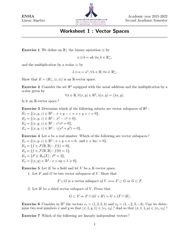 Worksheet 1 VectorSpaces | PDF | Vector Space | Basis (Linear Algebra)