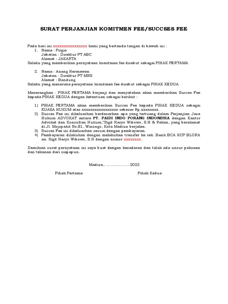 Surat Perjanjian Komitmen Fee | PDF