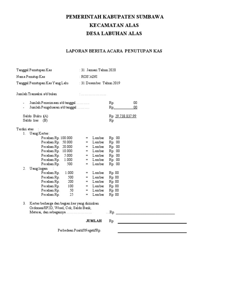Laporan Penutupan Kas 2020 | PDF