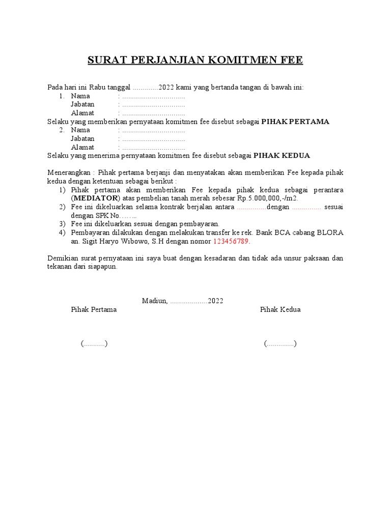 Surat Perjanjian Komitmen Fee Proyek | PDF