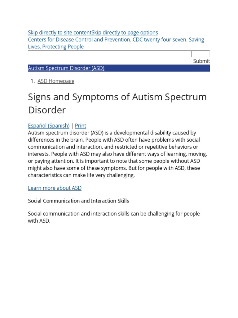 Signs and Symptoms of Autism Spectrum Disorder | PDF | Autism Spectrum ...