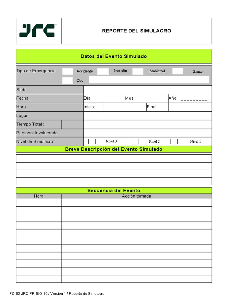 FO-02-JRC-PR-SIG-10 Reporte de Simulacro V.1 | PDF