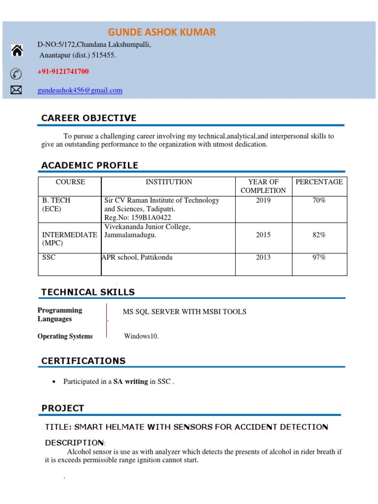 Resume of Gunde Ashok Kumar | PDF