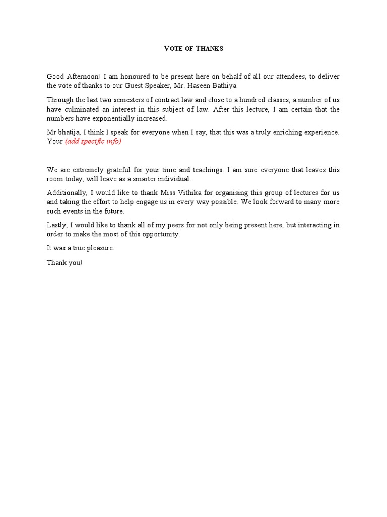 Vote of Thanks Sample | PDF