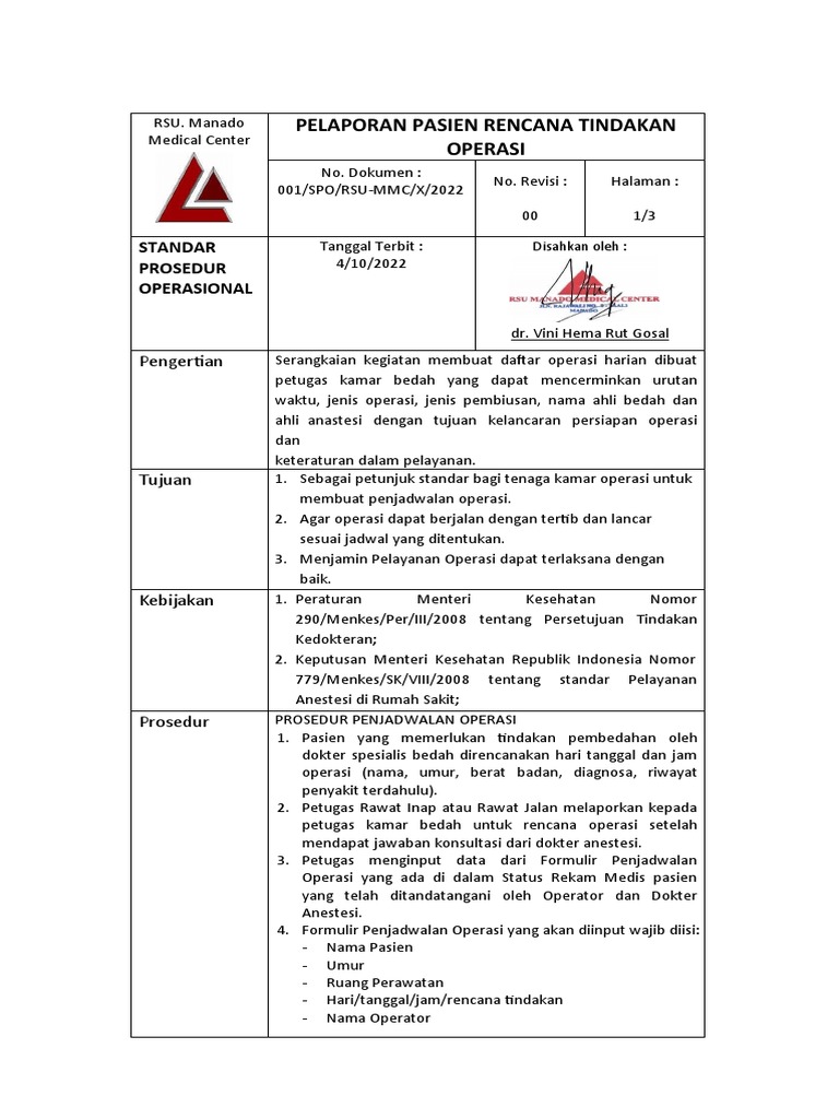 Rencana Tindakan Operasi RSU Manado | PDF