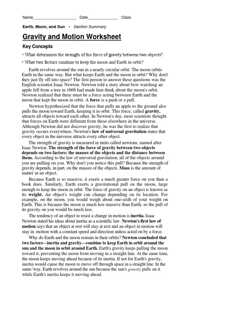 Gravity and Motion Worksheet | PDF | Weight | Inertia