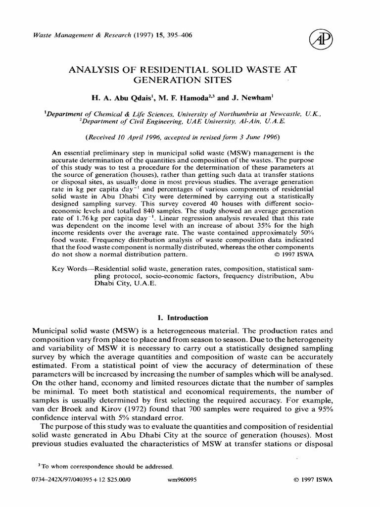 ANALYSIS OF RESIDENTIAL SOLID WASTE GENERATION AND COMPOSITION | PDF ...