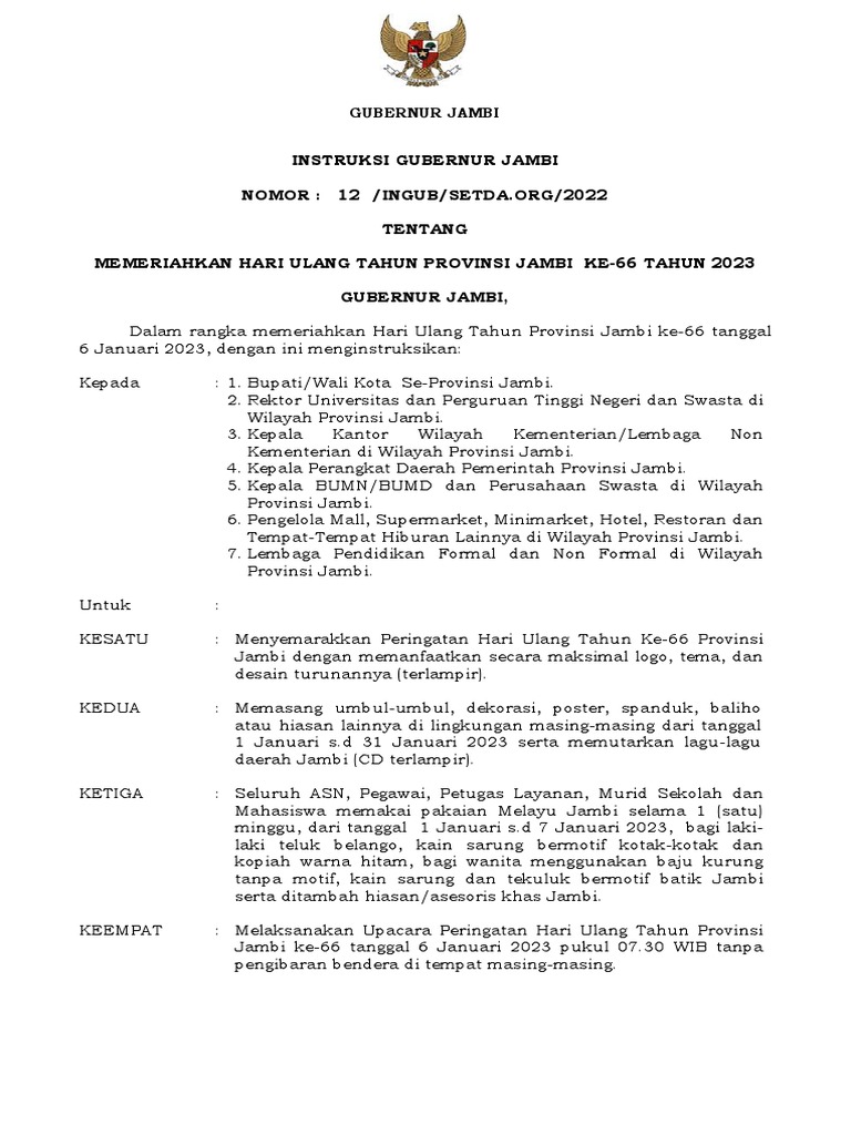 Instruksi Gubernur Jambi Peringatan Hut Jambi Ke-66 | PDF Instruksi Gubernur Jambi Peringatan Hut Jambi Ke-66 | PDF
