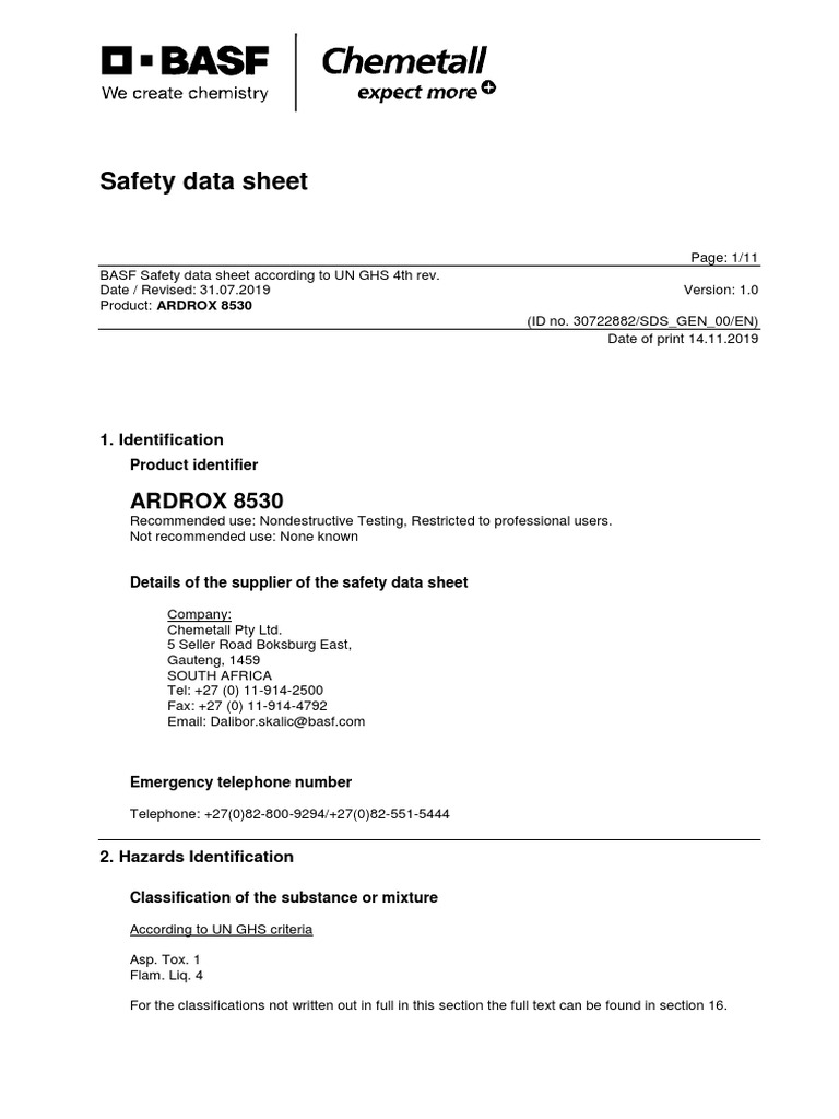 ARDROX 8530 Safety Data Sheet | PDF | Dangerous Goods | Toxicity
