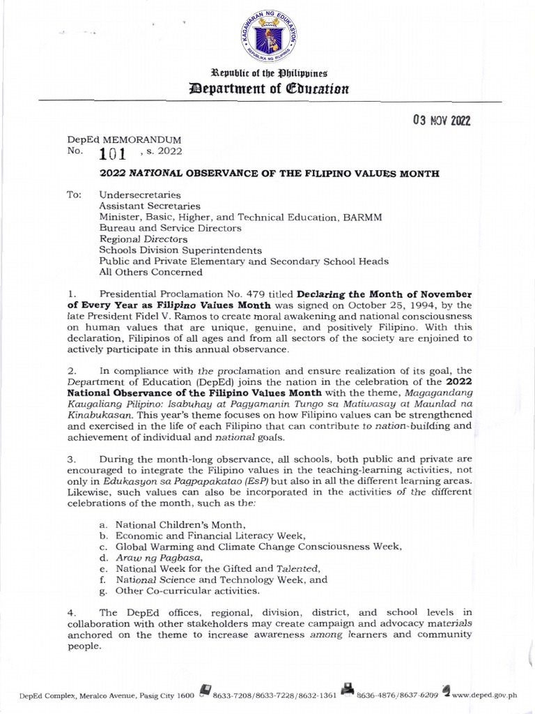 DM No. 101 S. 2022 2022 National Observance of The Filipino Values ...