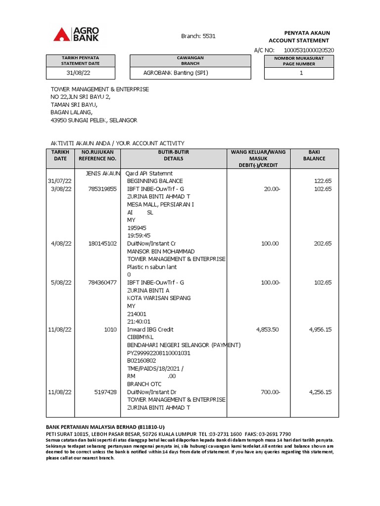 August 2022 Agrobank Account Statement | PDF | Financial Services