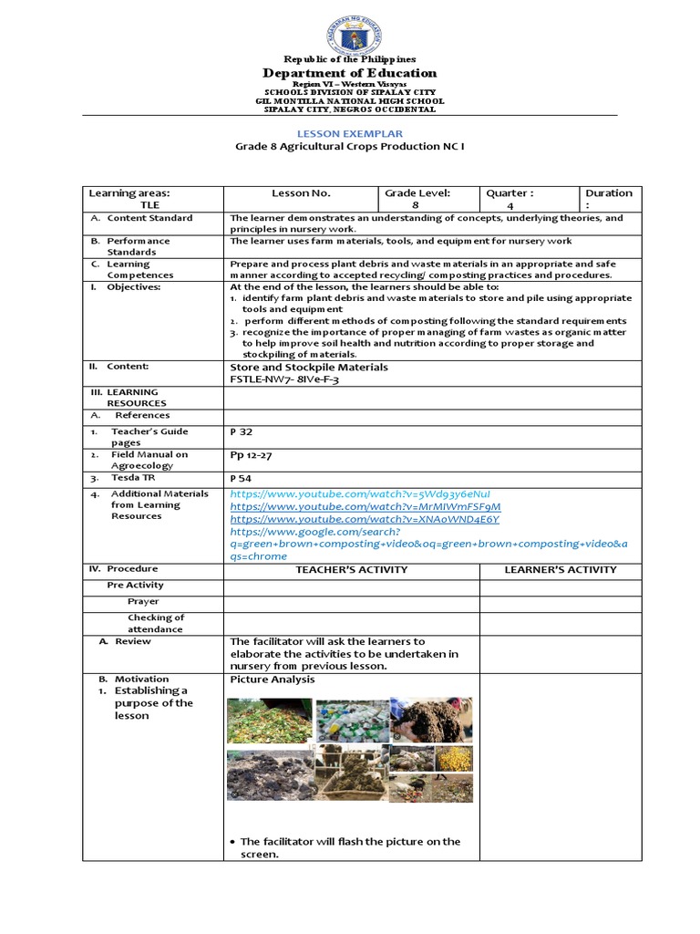 Grade 8 Lesson Exemplar: Composting Techniques | PDF | Learning | Cognition