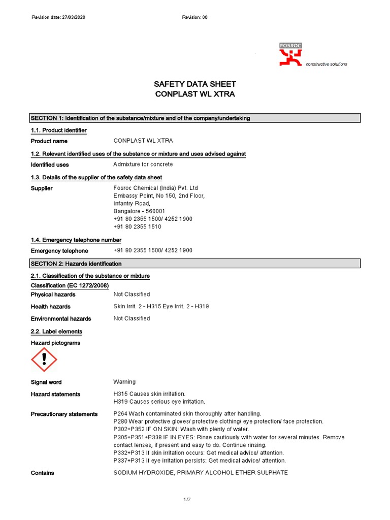 Safety Data Sheet for Conplast WL XTRA Concrete Admixture | PDF ...
