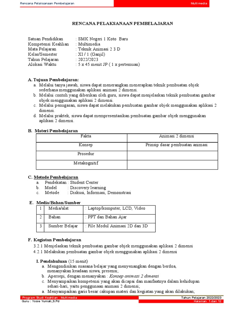 RPP Teknik Animasi 2D SMK Multimedia | PDF