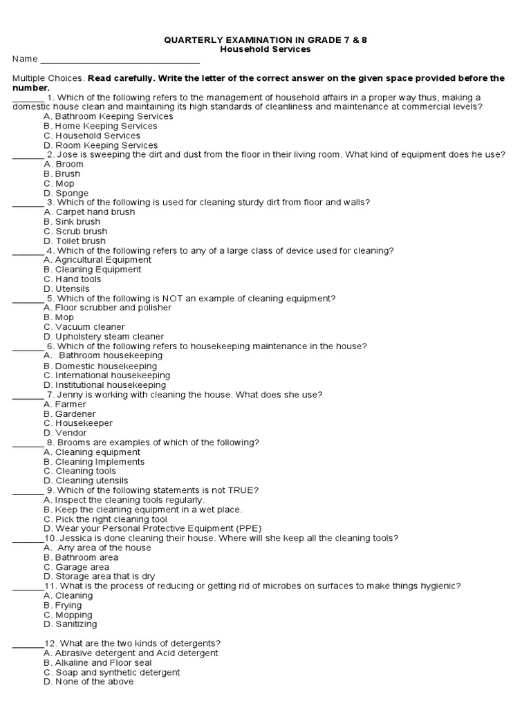 Household Services Exam for Grades 7-8 | PDF | Housekeeping