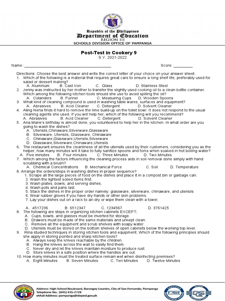 PRE TEST in COOKERY GRADE 9 | PDF | Salad | Hors D'oeuvre