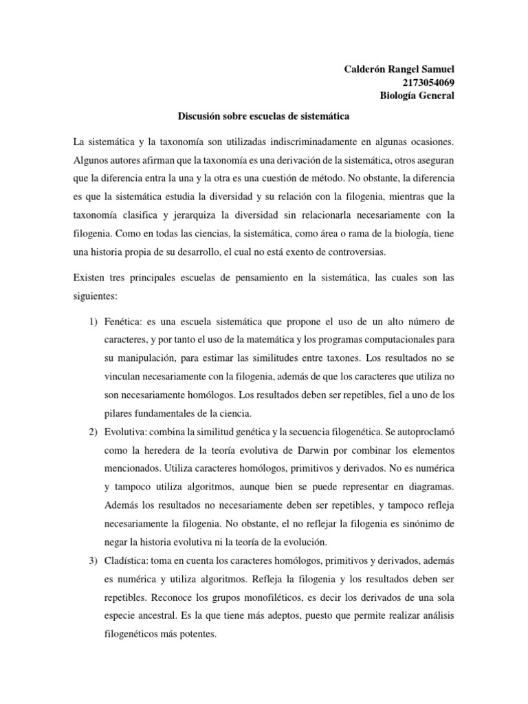 Discusión sobre escuelas de sistemática en biología | PDF ...