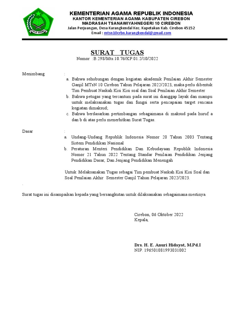 Surat Tugas Penulis Kisi Kisi Soal Us TP 2022-2023 | PDF