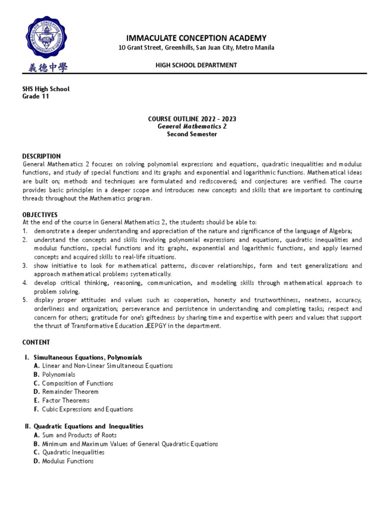 Grade 11 General Mathematics 2 Course Outline | PDF | Equations | Polynomial