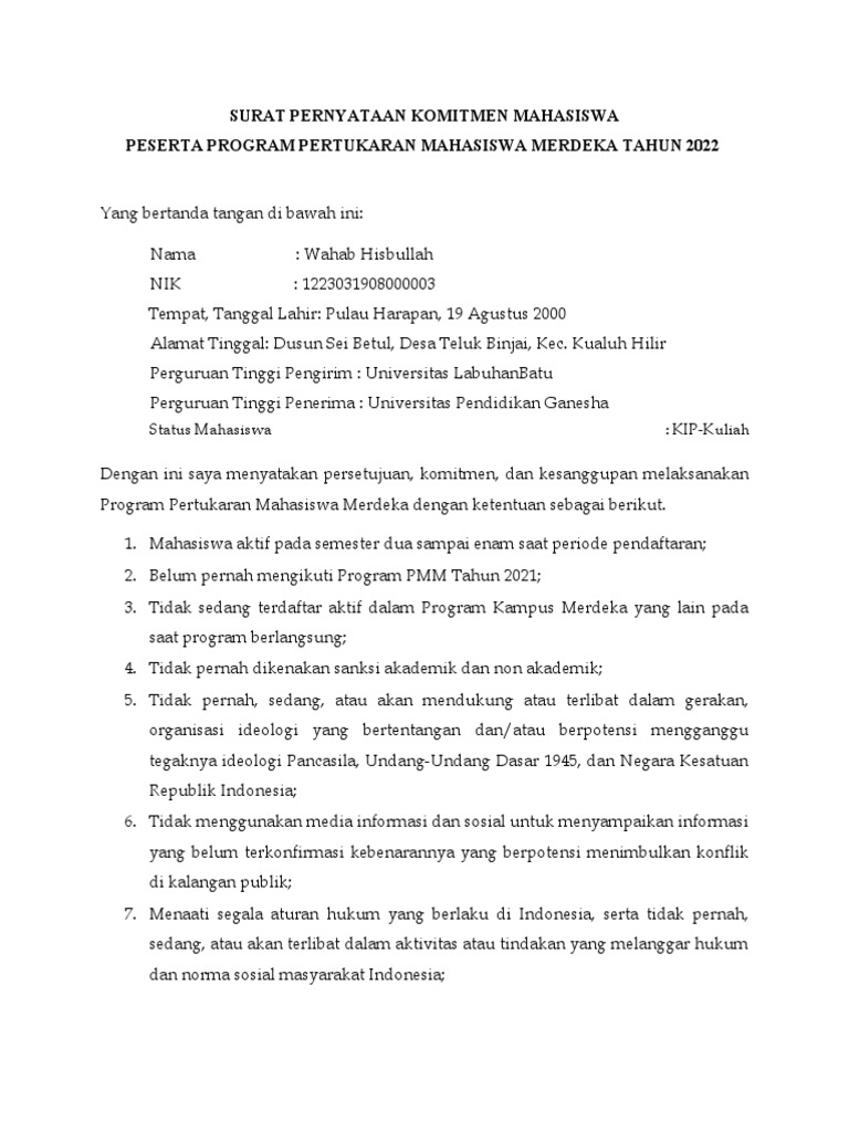 4 Format SURAT PERNYATAAN KOMITMEN MAHASISWA PMM 2 | PDF