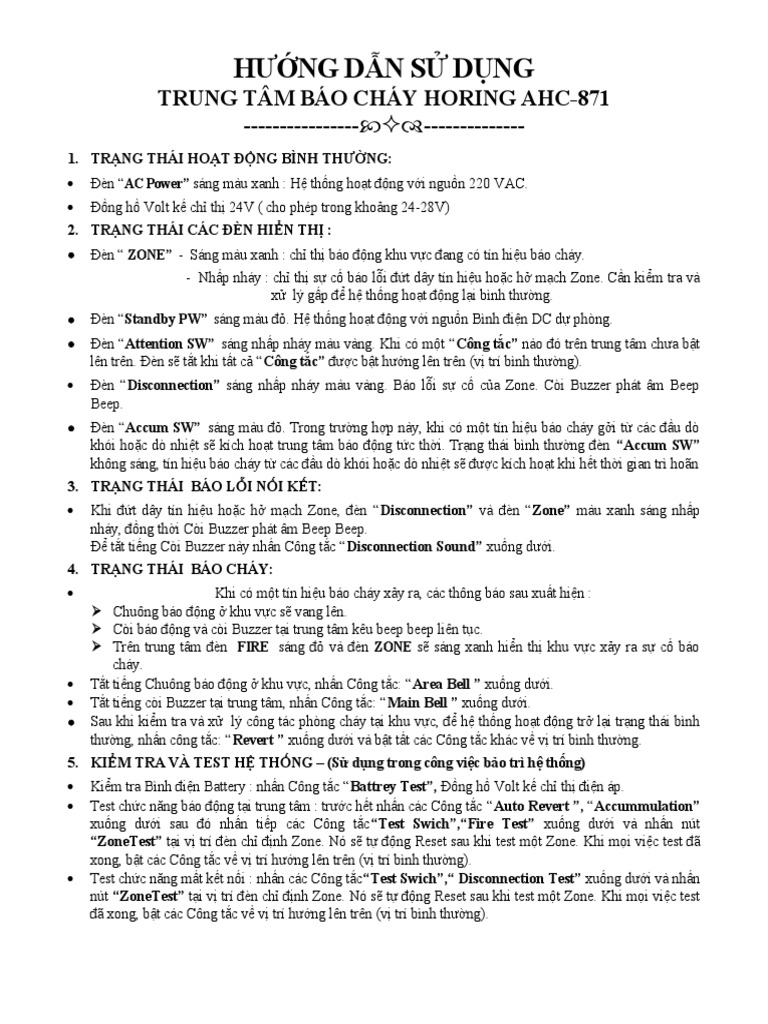 HDSD Trung Tâm Báo Cháy AHC-871 | PDF