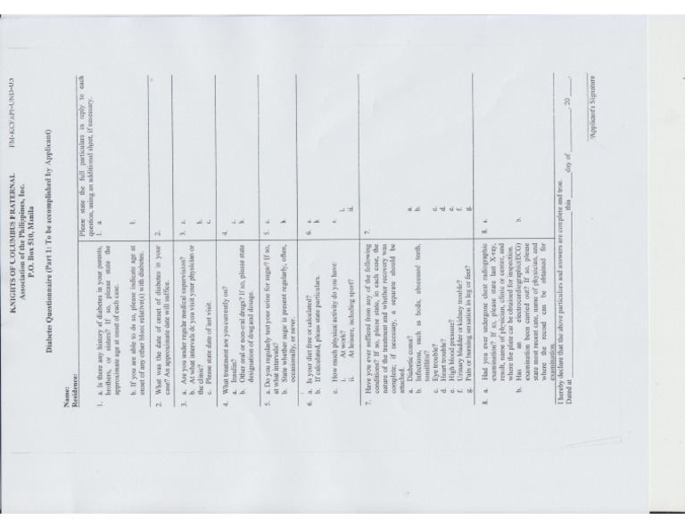 Diabetic Questionnaire Part 1 (To Be Accomplished by The Applicant) | PDF