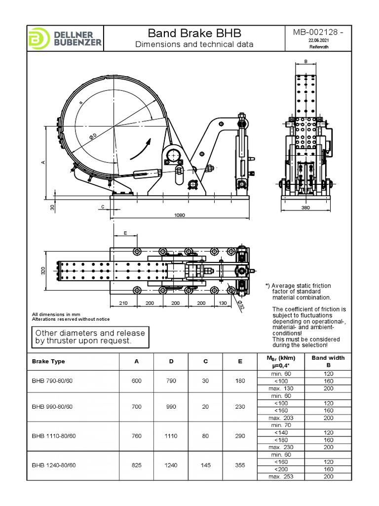 Technical Specifications and Dimensions for Band Brake BHB Model MB ...
