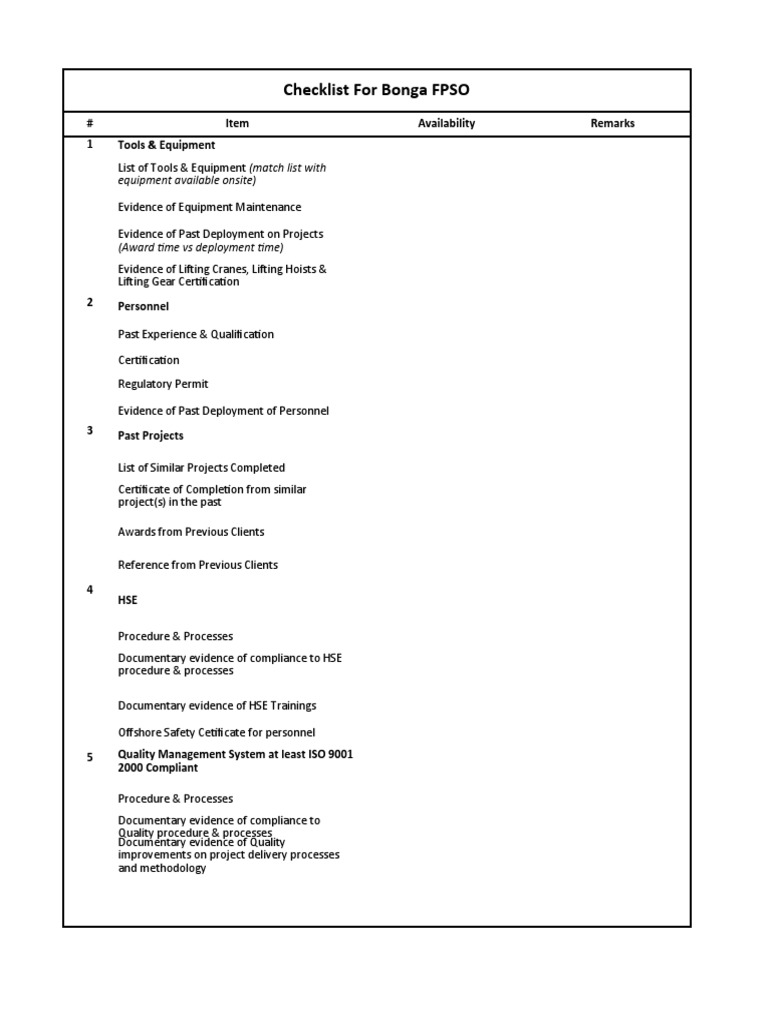 Bonga FPSO SubContractor Checklist - Rev 1 | PDF
