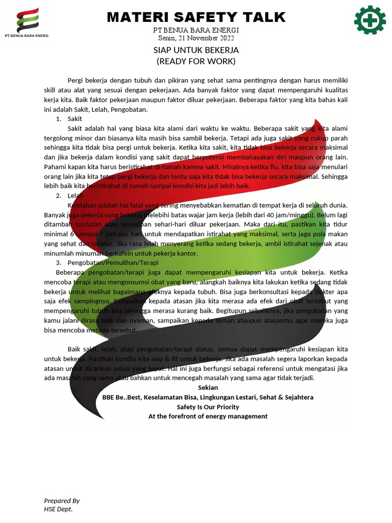 Materi Safety Talk 21 November 2022 | PDF