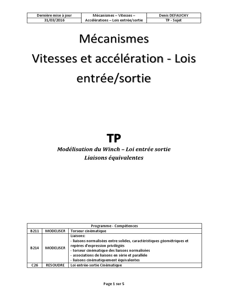 TP Modelisation Du Winch Loi Entree Sortie | PDF | Accélération | Cinématique