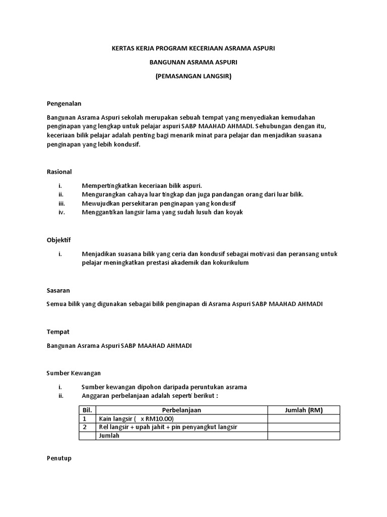 Kertas Kerja Permohonan Langsir Asrama Aspuri | PDF