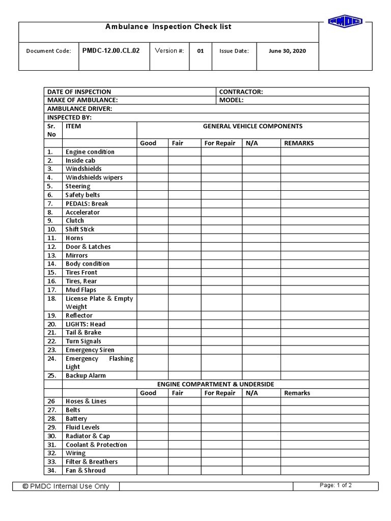 PMDC-12.00.CL.02 Ambulance Check List | PDF | Ambulance | Transport