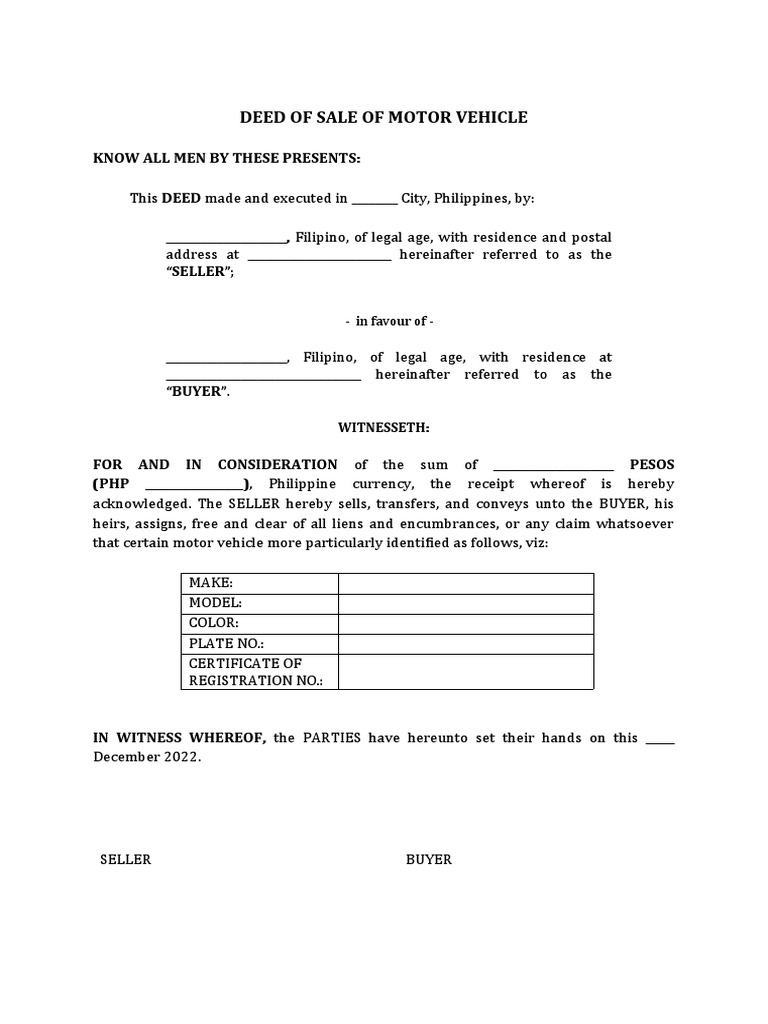 Deed of Sale of Motor Vehicle | PDF