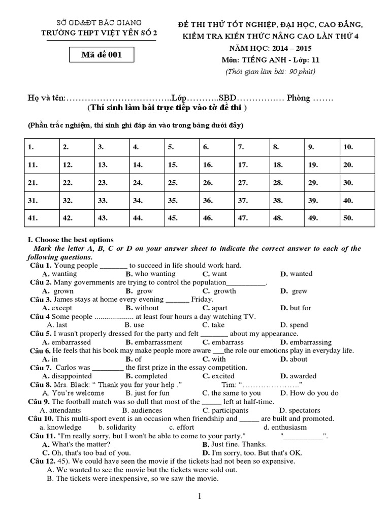 De Kiem Tra Kien Thuc Nang Cao Mon Tieng Anh Lop 11 Nam 2015 Truong THPT Viet Yen So 2 Bac Giang ...