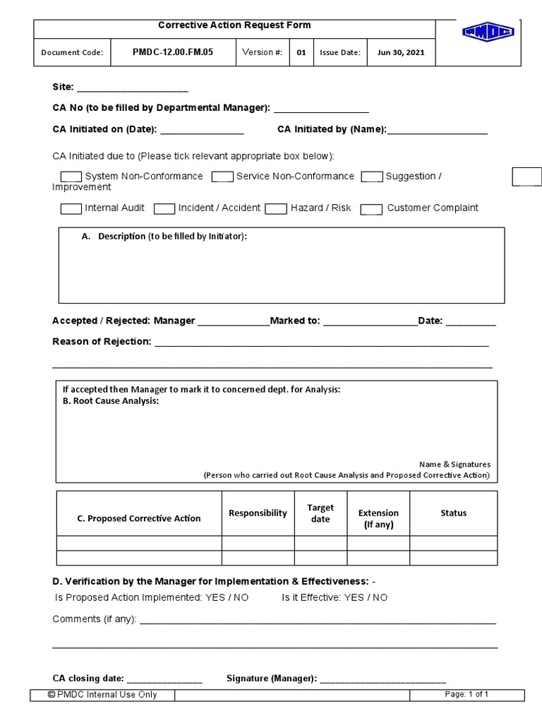 Corrective Action Form PDF