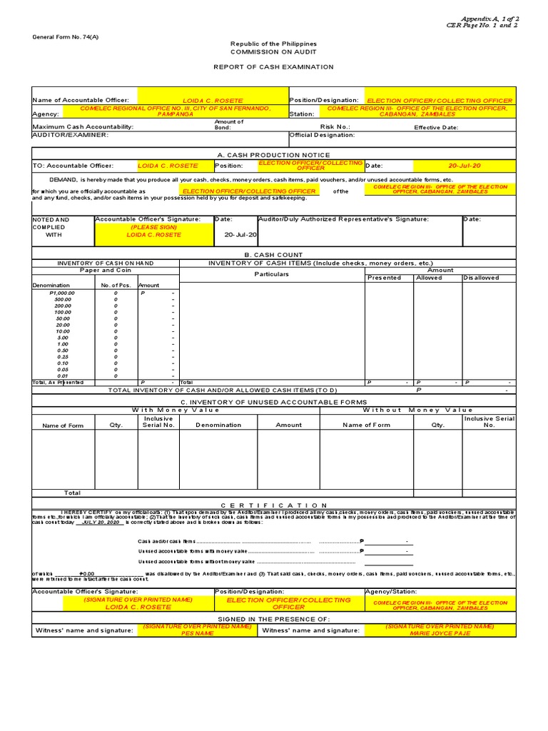 Cash Examination Report Form 74A | PDF | Money | Debits And Credits