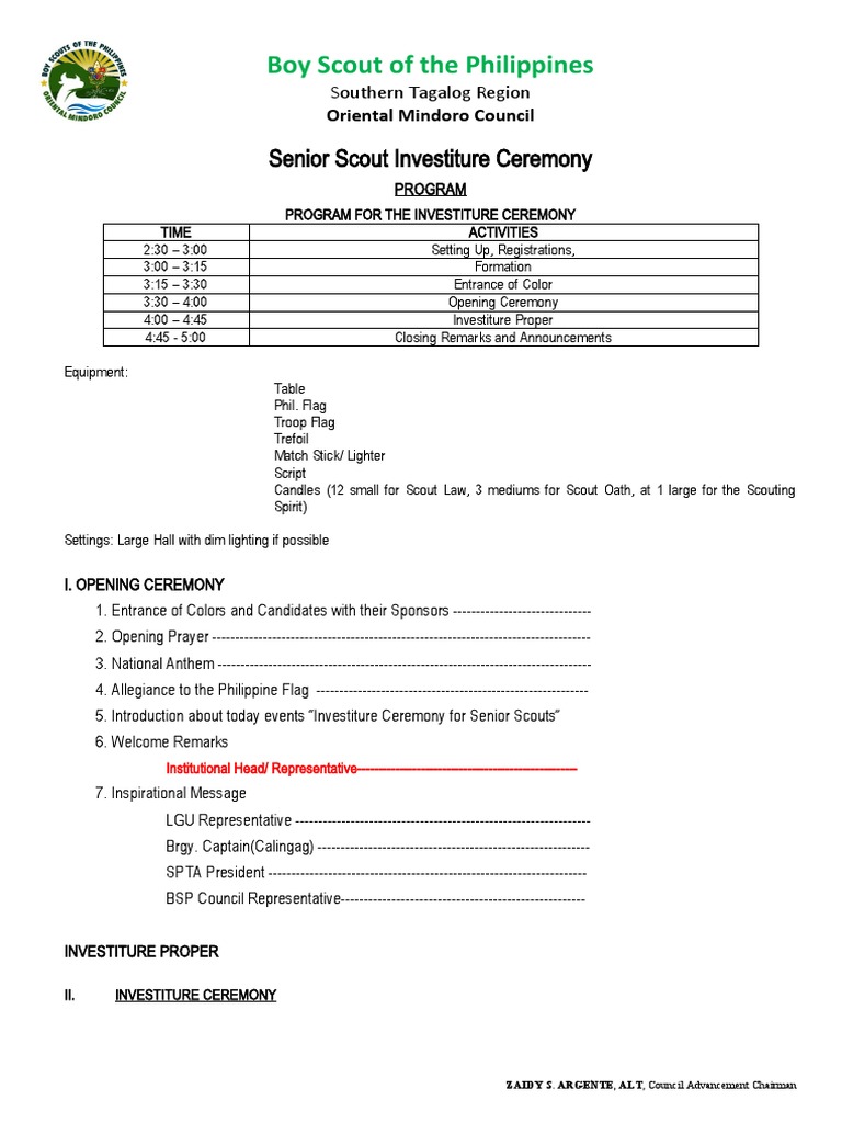 Senior Scout Investiture Ceremony Program | PDF | Scouting