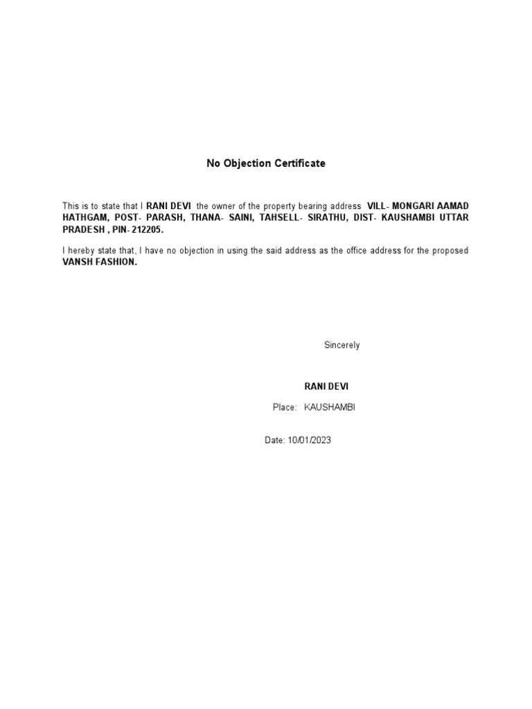 NOC For Address Proof | PDF