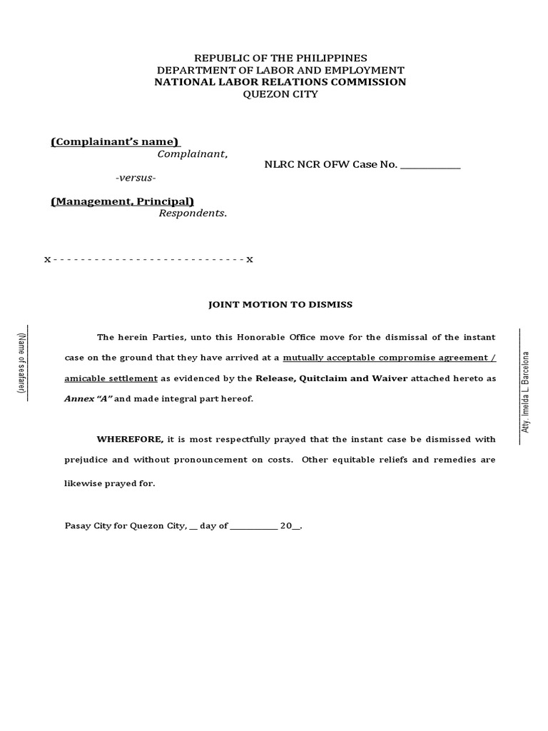 Joint Motion To Dismiss - NLRC | PDF | Public Law | Government
