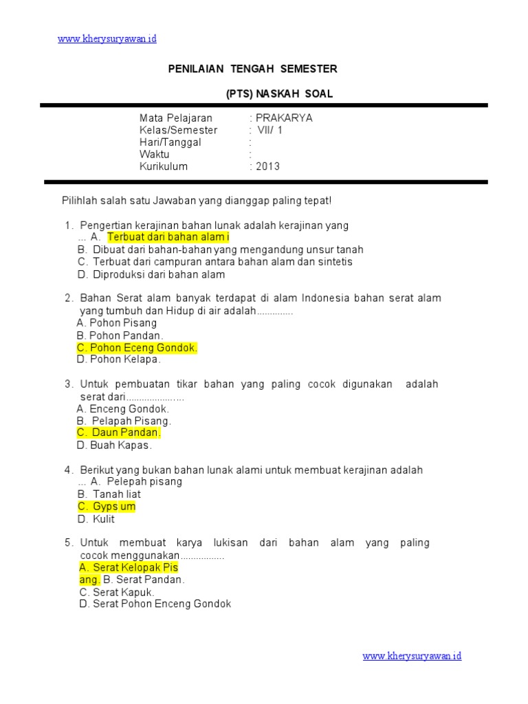 1 - Soal & Jawaban PTS Prakarya Kelas 7 Sem. 1 - WWW - Kherysuryawan.id | PDF