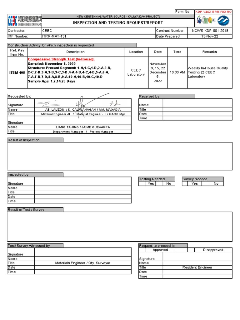 ITRR MAT-131 - Quality Test (Compressive Strength of Conc. - In-House ...