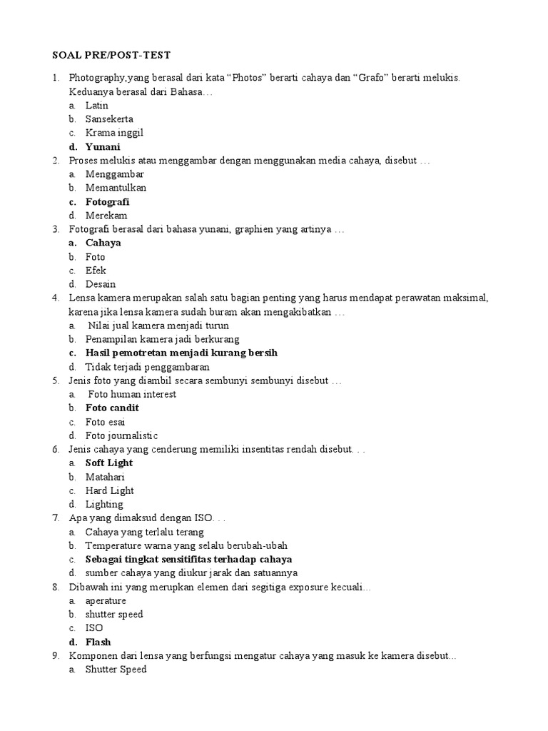 Soal Pre Test (Fotografi) | PDF