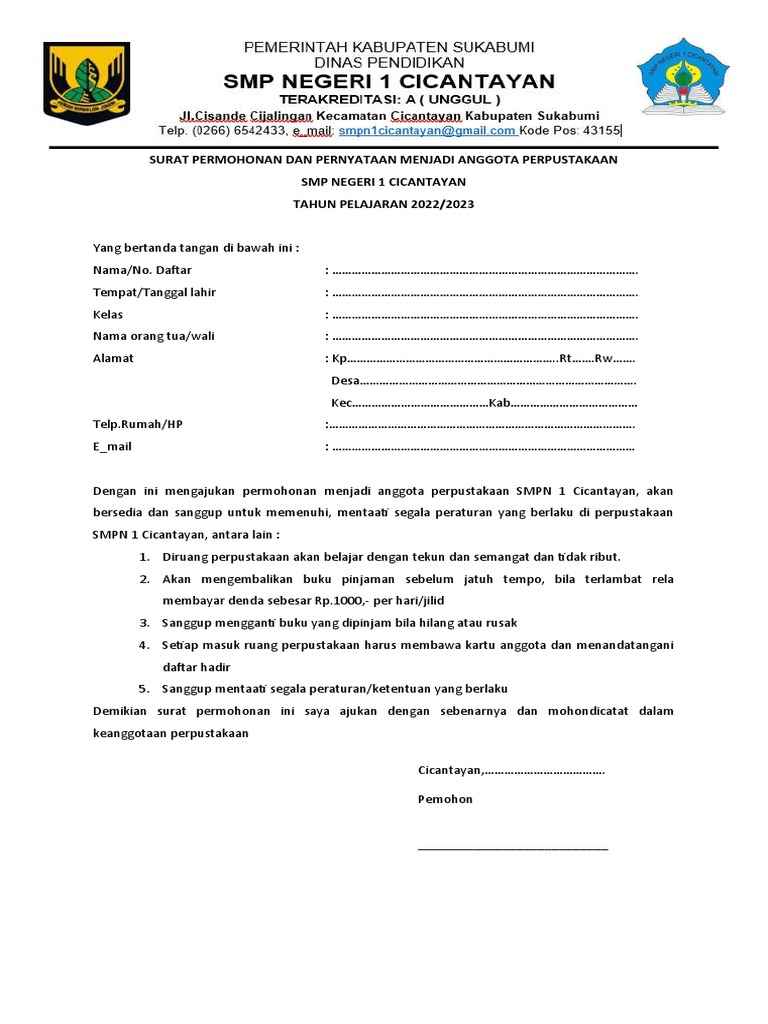 Surat Permohonan Dan Pernyataan Menjadi Anggota Perpustakaan | PDF