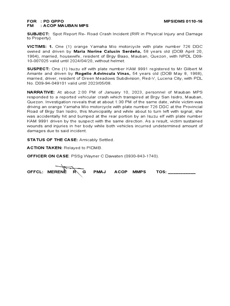 Spot Report Re - RIR To PI and DTP San Isidro Vinas | PDF | Law ...