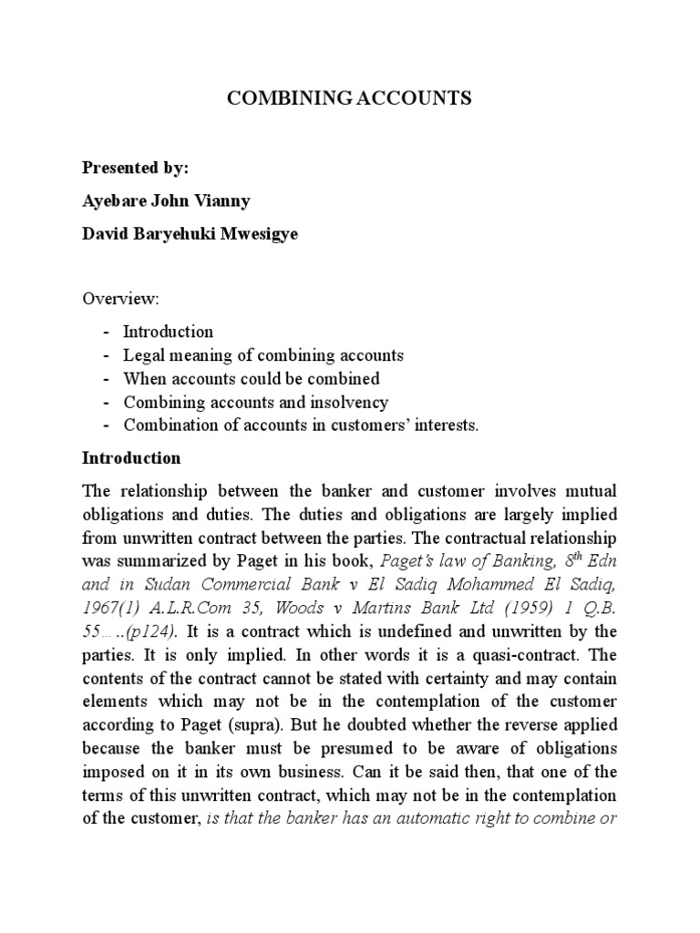 Combining Accounts - Final | PDF | Banks | Set Off (Law)