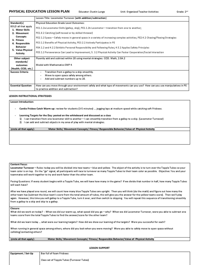 2nd Grade PE: Locomotor Skills Lesson | PDF | Physical Education | Learning