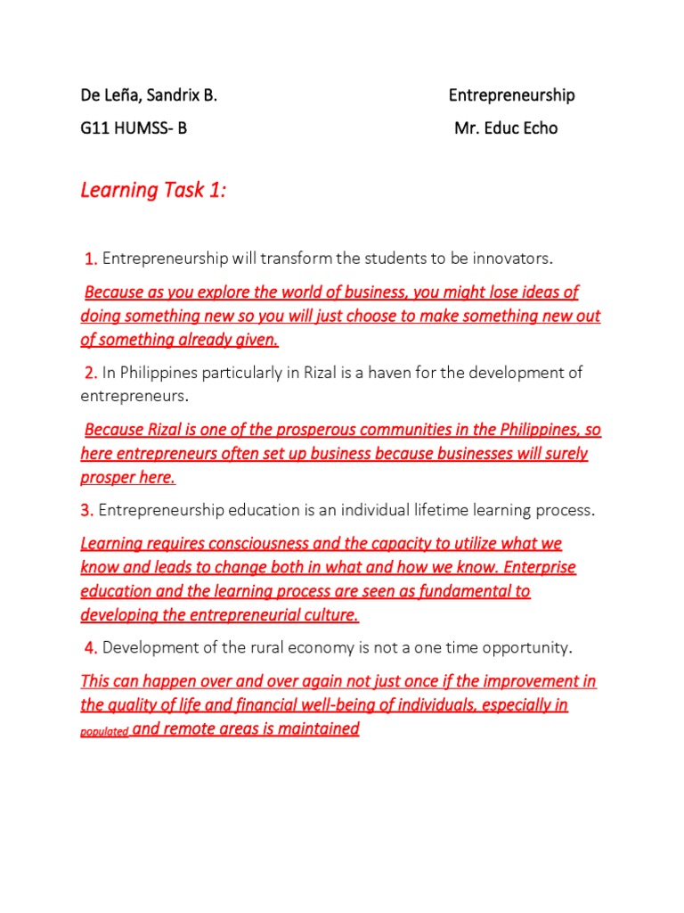 Entrep Week 1 (Learning Task 1 P.5) | PDF | Career & Growth | Business