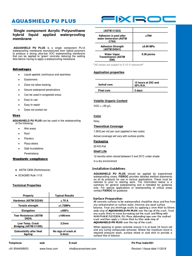 AQUASHIELD PU PLUS December 2018 | PDF | Concrete | Water