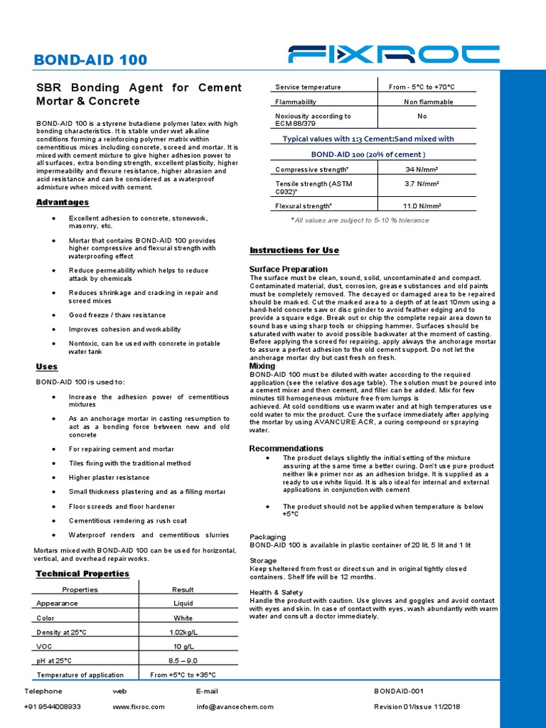Bond Aid 100 - TDS | PDF | Concrete | Cement