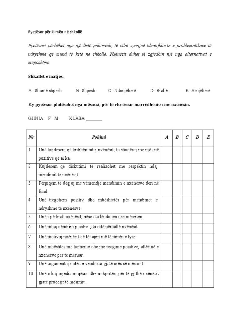 Pyetësor Për Klimën Në Shkollë, Plotesohet Nga Mesuesi | PDF